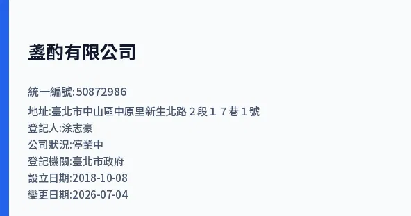 盞酌有限公司的照片-統編 50872986(臺北市) 公司登記資料與營業項目詳細圖表