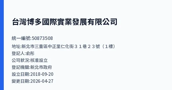 台灣博多國際實業發展有限公司的照片-統編 50873508(新北市) 公司登記資料與營業項目詳細圖表