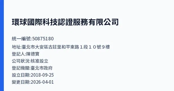 環球國際科技認證服務有限公司的照片-統編 50875180(臺北市) 公司登記資料與營業項目詳細圖表