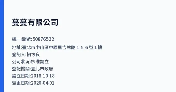 蔓蔓有限公司的照片-統編 50876532(臺北市) 公司登記資料與營業項目詳細圖表