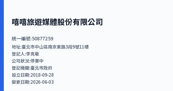 嘻嘻旅遊媒體股份有限公司的照片-統編 50877259(臺北市) 公司登記資料與營業項目詳細圖表