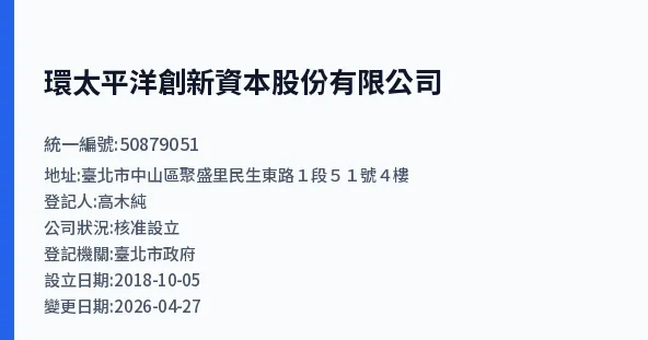 環太平洋創新資本股份有限公司的照片-統編 50879051(臺北市) 公司登記資料與營業項目詳細圖表