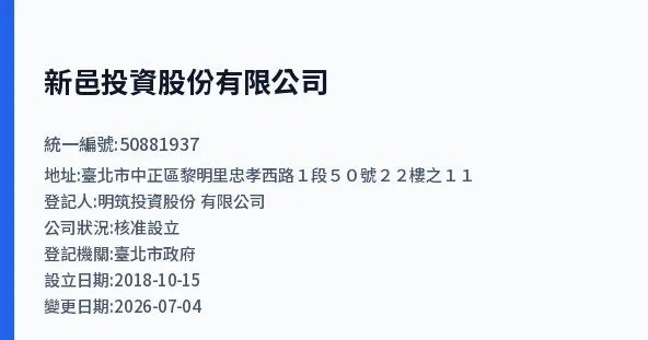 新邑投資股份有限公司的照片-統編 50881937(臺北市) 公司登記資料與營業項目詳細圖表