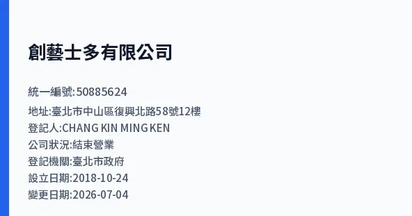 創藝士多有限公司的照片-統編 50885624(臺北市) 公司登記資料與營業項目詳細圖表