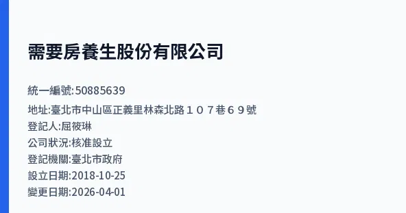 需要房養生股份有限公司的照片-統編 50885639(臺北市) 公司登記資料與營業項目詳細圖表