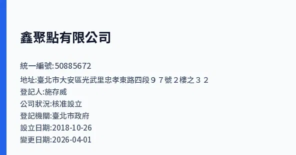 鑫聚點有限公司的照片-統編 50885672(臺北市) 公司登記資料與營業項目詳細圖表