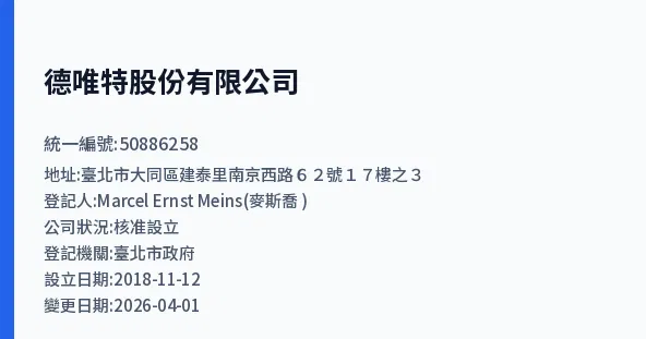 德唯特股份有限公司的照片-統編 50886258(臺北市) 公司登記資料與營業項目詳細圖表