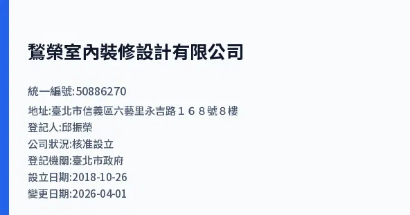 鶖榮室內裝修設計有限公司的照片-統編 50886270(臺北市) 公司登記資料與營業項目詳細圖表