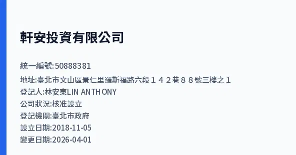軒安投資有限公司的照片-統編 50888381(臺北市) 公司登記資料與營業項目詳細圖表