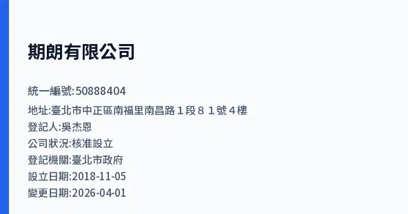 期朗有限公司的照片-統編 50888404(臺北市) 公司登記資料與營業項目詳細圖表