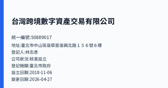 台灣跨境數字資產交易有限公司的照片-統編 50889017(臺北市) 公司登記資料與營業項目詳細圖表
