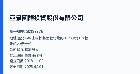 亞景國際投資股份有限公司的照片-統編 50889776(臺北市) 公司登記資料與營業項目詳細圖表