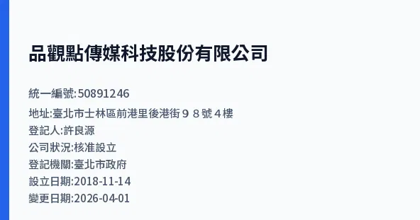 品觀點傳媒科技股份有限公司的照片-統編 50891246(臺北市) 公司登記資料與營業項目詳細圖表