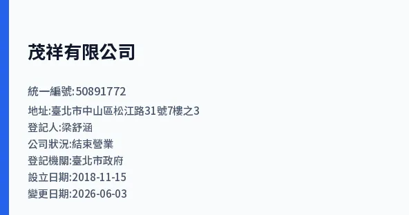 茂祥有限公司的照片-統編 50891772(臺北市) 公司登記資料與營業項目詳細圖表