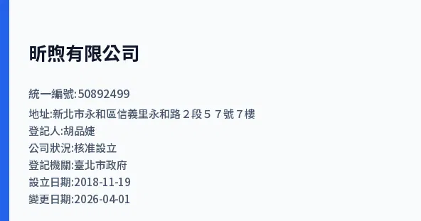 昕煦有限公司的照片-統編 50892499(新北市) 公司登記資料與營業項目詳細圖表