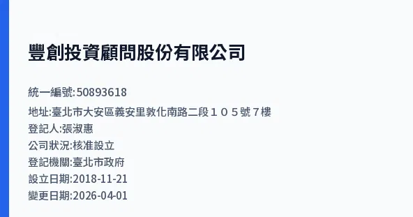 豐創投資顧問股份有限公司的照片-統編 50893618(臺北市) 公司登記資料與營業項目詳細圖表