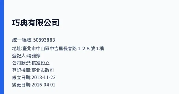 巧典有限公司的照片-統編 50893883(臺北市) 公司登記資料與營業項目詳細圖表