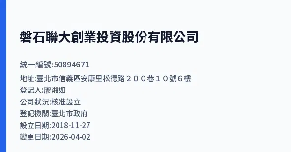 磐石聯大創業投資股份有限公司的照片-統編 50894671(臺北市) 公司登記資料與營業項目詳細圖表