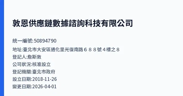 敦恩供應鏈數據諮詢科技有限公司的照片-統編 50894790(臺北市) 公司登記資料與營業項目詳細圖表