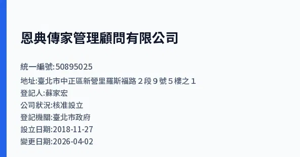 恩典傳家管理顧問有限公司的照片-統編 50895025(臺北市) 公司登記資料與營業項目詳細圖表