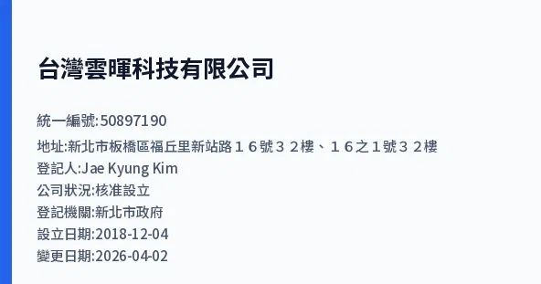 台灣雲暉科技有限公司的照片-統編 50897190(新北市) 公司登記資料與營業項目詳細圖表