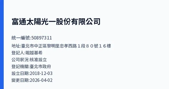 富通太陽光一股份有限公司的照片-統編 50897311(臺北市) 公司登記資料與營業項目詳細圖表