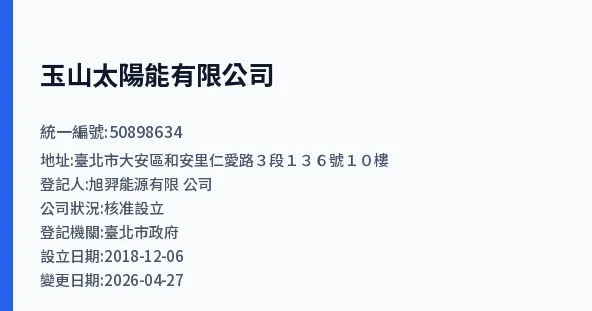玉山太陽能有限公司的照片-統編 50898634(臺北市) 公司登記資料與營業項目詳細圖表