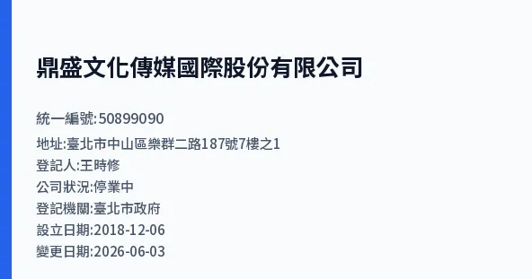 鼎盛文化傳媒國際股份有限公司的照片-統編 50899090(臺北市) 公司登記資料與營業項目詳細圖表
