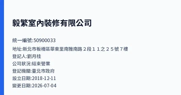 毅繁室內裝修有限公司的照片-統編 50900033(新北市) 公司登記資料與營業項目詳細圖表