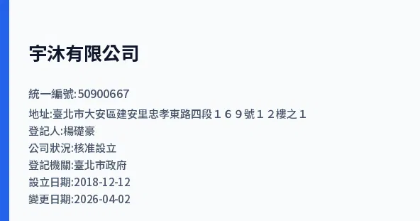 宇沐有限公司的照片-統編 50900667(臺北市) 公司登記資料與營業項目詳細圖表