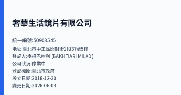 奢華生活鏡片有限公司的照片-統編 50903545(臺北市) 公司登記資料與營業項目詳細圖表