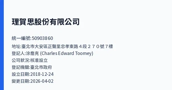 理賀思股份有限公司的照片-統編 50903860(臺北市) 公司登記資料與營業項目詳細圖表