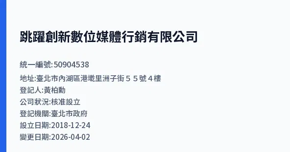 跳躍創新數位媒體行銷有限公司的照片-統編 50904538(臺北市) 公司登記資料與營業項目詳細圖表