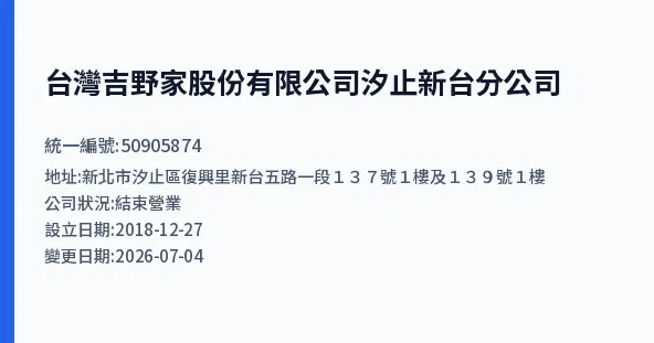 台灣吉野家股份有限公司汐止新台分公司的照片-統編 50905874(新北市) 公司登記資料與營業項目詳細圖表