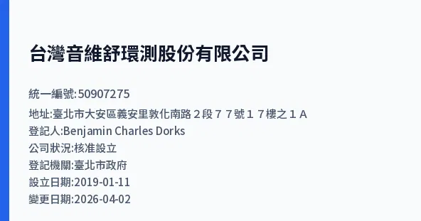 台灣音維舒環測股份有限公司的照片-統編 50907275(臺北市) 公司登記資料與營業項目詳細圖表