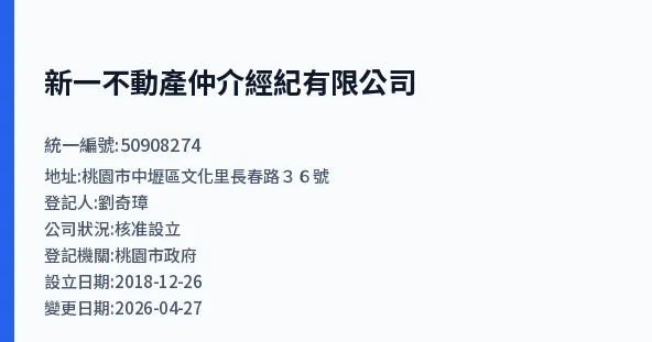 新一不動產仲介經紀有限公司的照片-統編 50908274(桃園市) 公司登記資料與營業項目詳細圖表