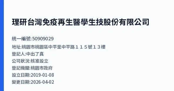 理研台灣免疫再生醫學生技股份有限公司的照片-統編 50909029(桃園市) 公司登記資料與營業項目詳細圖表