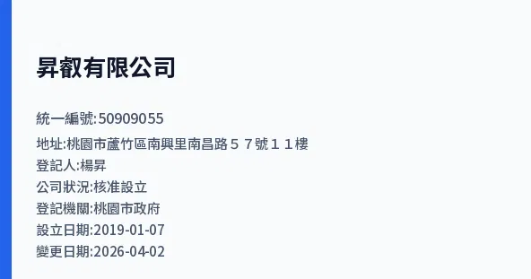 昇叡有限公司的照片-統編 50909055(桃園市) 公司登記資料與營業項目詳細圖表
