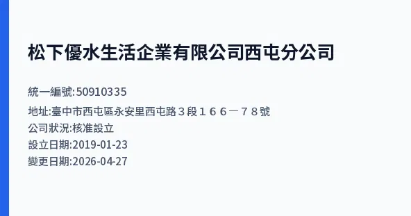 松下優水生活企業有限公司西屯分公司的照片-統編 50910335(臺中市) 公司登記資料與營業項目詳細圖表