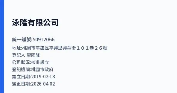 泳隆有限公司的照片-統編 50912066(桃園市) 公司登記資料與營業項目詳細圖表