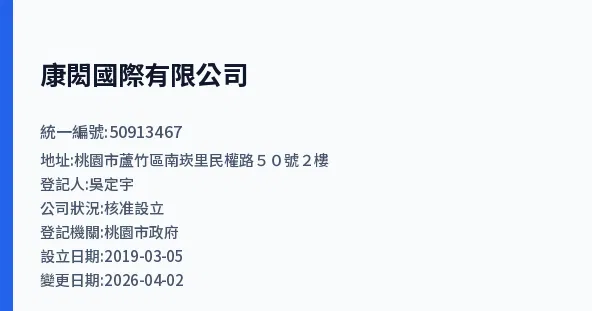 康閎國際有限公司的照片-統編 50913467(桃園市) 公司登記資料與營業項目詳細圖表