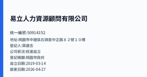 易立人力資源顧問有限公司的照片-統編 50914352(桃園市) 公司登記資料與營業項目詳細圖表