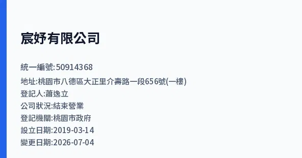 宸妤有限公司的照片-統編 50914368(桃園市) 公司登記資料與營業項目詳細圖表