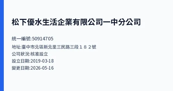 松下優水生活企業有限公司一中分公司的照片-統編 50914705(臺中市) 公司登記資料與營業項目詳細圖表