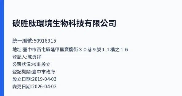 碳胜肽環境生物科技有限公司的照片-統編 50916915(臺中市) 公司登記資料與營業項目詳細圖表