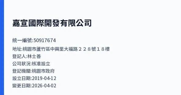 嘉宣國際開發有限公司的照片-統編 50917674(桃園市) 公司登記資料與營業項目詳細圖表