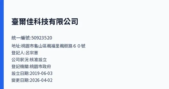 臺爾佳科技有限公司的照片-統編 50923520(桃園市) 公司登記資料與營業項目詳細圖表