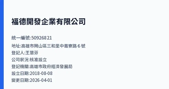 福德開發企業有限公司的照片-統編 50926821(高雄市) 公司登記資料與營業項目詳細圖表