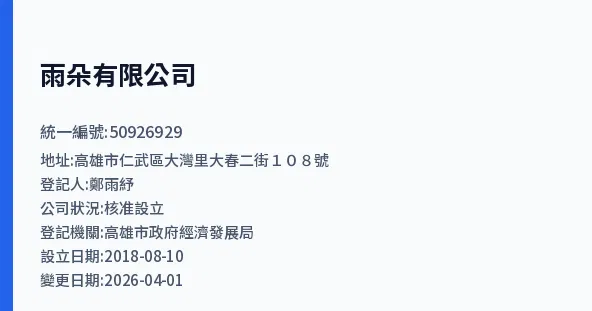 雨朵有限公司的照片-統編 50926929(高雄市) 公司登記資料與營業項目詳細圖表