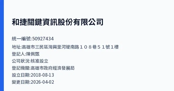 和捷關鍵資訊股份有限公司的照片-統編 50927434(高雄市) 公司登記資料與營業項目詳細圖表
